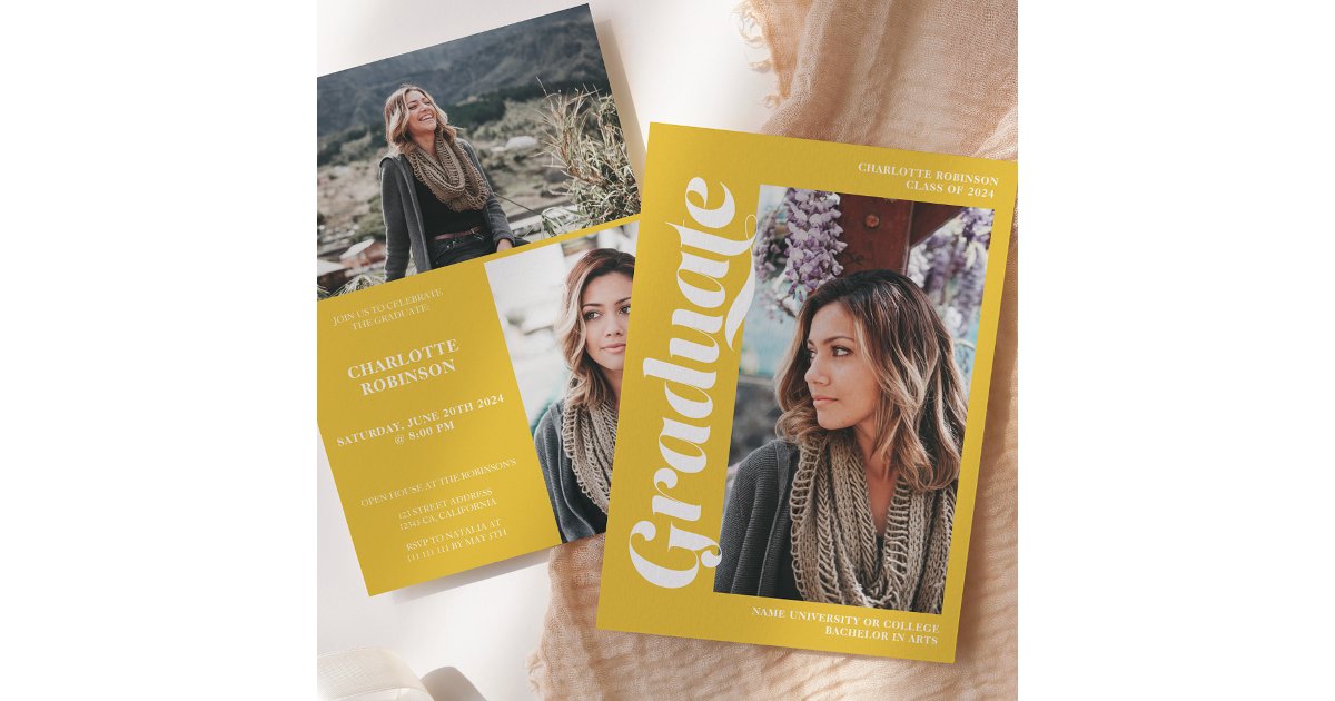 Yellow graduate script 3 photo graduation invitation | Zazzle
