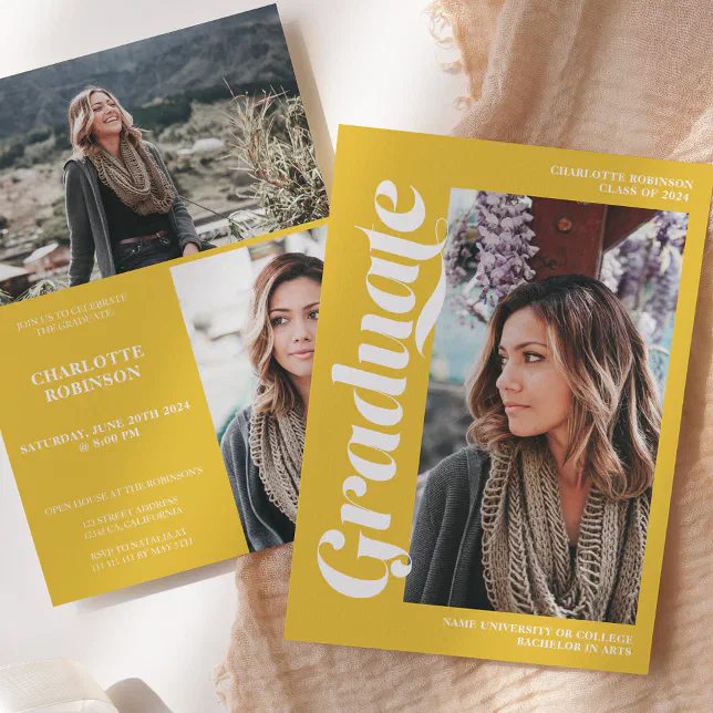 Yellow graduate script 3 photo graduation invitation | Zazzle