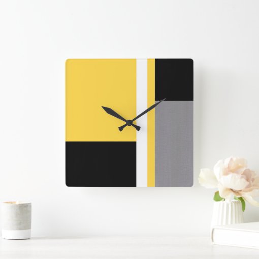 Yellow Gray Black and White Block Square Wall Clock | Zazzle