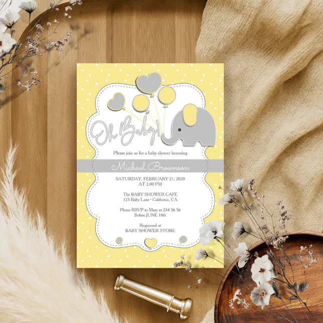 Yellow Gray Elephant Oh Baby Shower Invitation | Zazzle