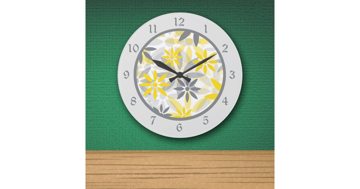 Yellow Gray Flower Graphic Large Clock | Zazzle