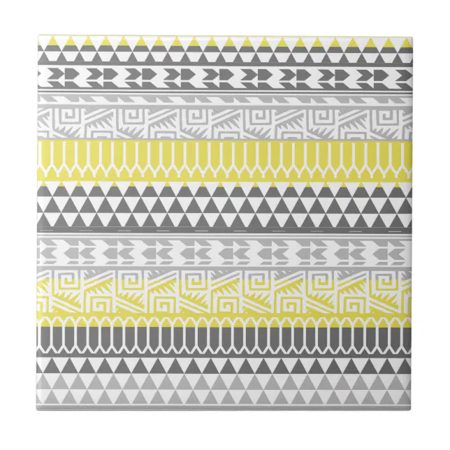 Yellow Gray Geometric Aztec Tribal Print Pattern Tile | Zazzle
