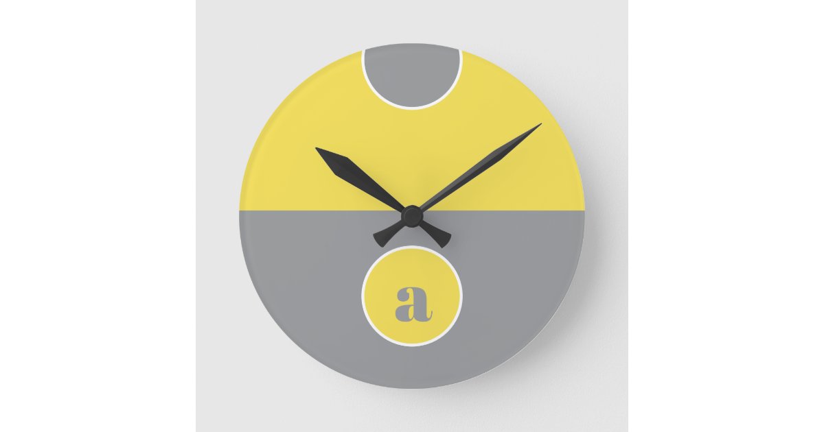Yellow Gray Monogram Round Clock | Zazzle