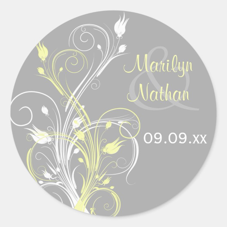 Yellow Gray White Floral 1.5" Wedding Sticker | Zazzle