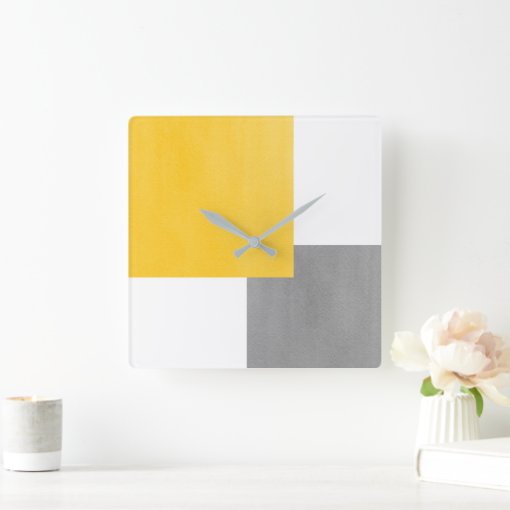 Yellow Gray White Geometric Block Square Wall Clock | Zazzle