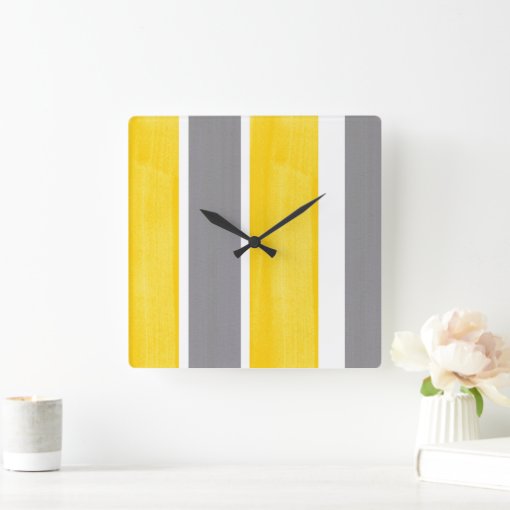 Yellow Gray White Stripe Modern 2 Square Wall Clock | Zazzle
