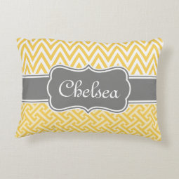 Yellow Greek Key Chevron Patterns Grey Name Accent Pillow | Zazzle