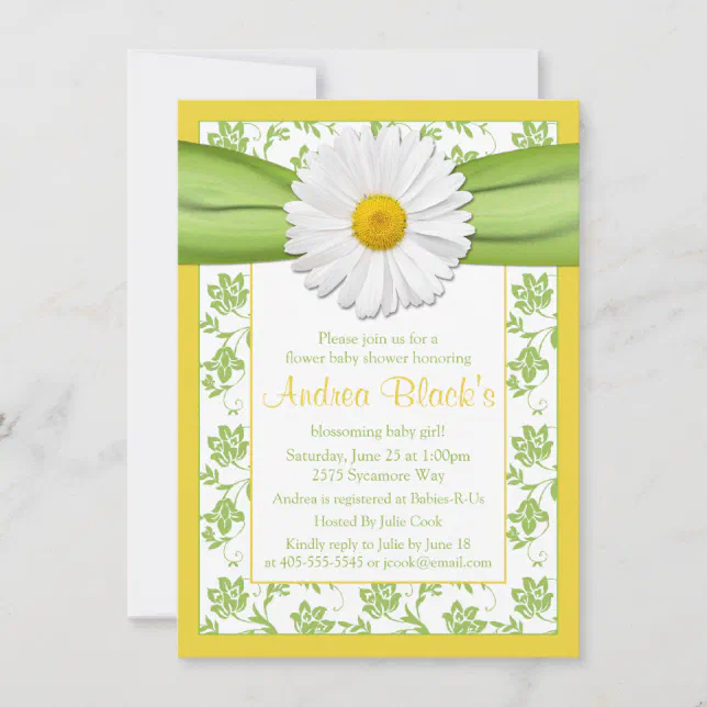Yellow Green Daisy Floral Baby Shower Invitation | Zazzle
