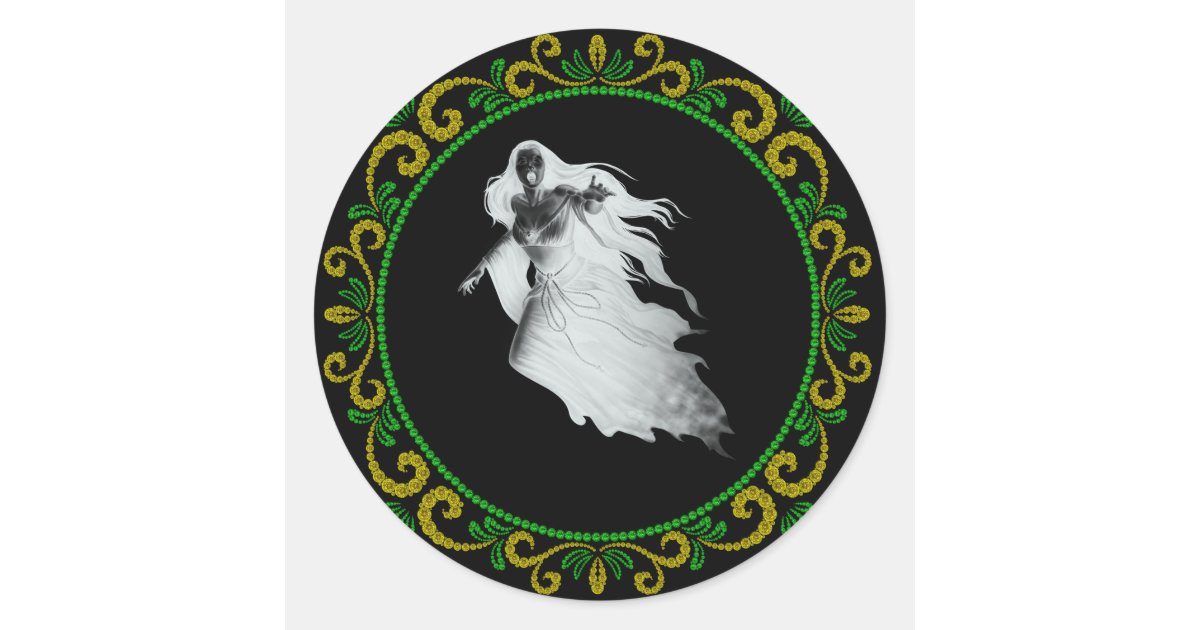 Yellow Green Lady In White Ghost Halloween Classic Round Sticker | Zazzle