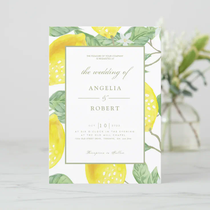 Yellow Green Lemons & Foliage Wedding Invitation | Zazzle