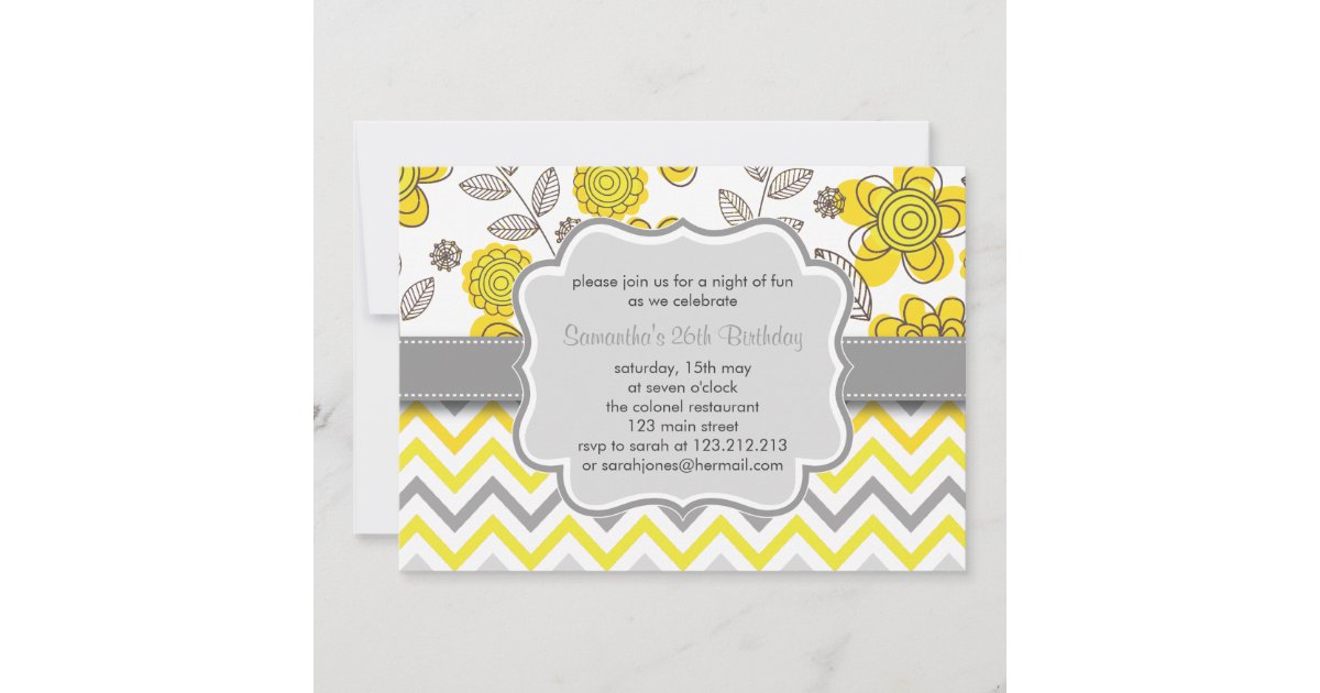 Yellow & Grey Chevron Floral Modern Birthday Party Invitation | Zazzle