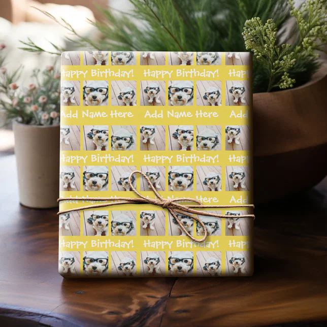 Yellow Happy Birthday Name 6 Square Photo Collage Wrapping Paper | Zazzle