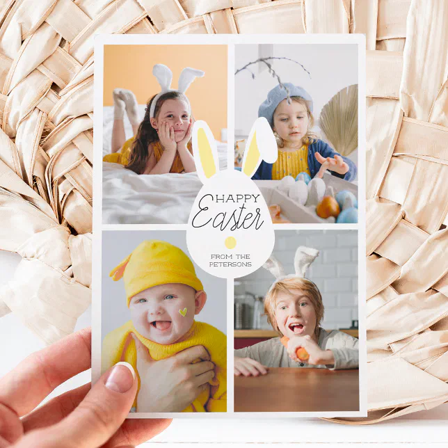 Yellow happy Easter ears eggs 4 photos collage Holiday Card | Zazzle