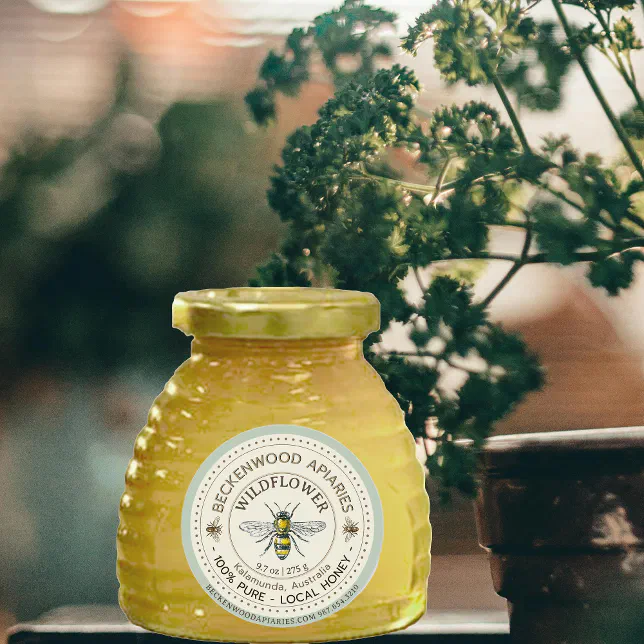 Yellow Honeybee Honey Label Beekeeper Blue Border | Zazzle