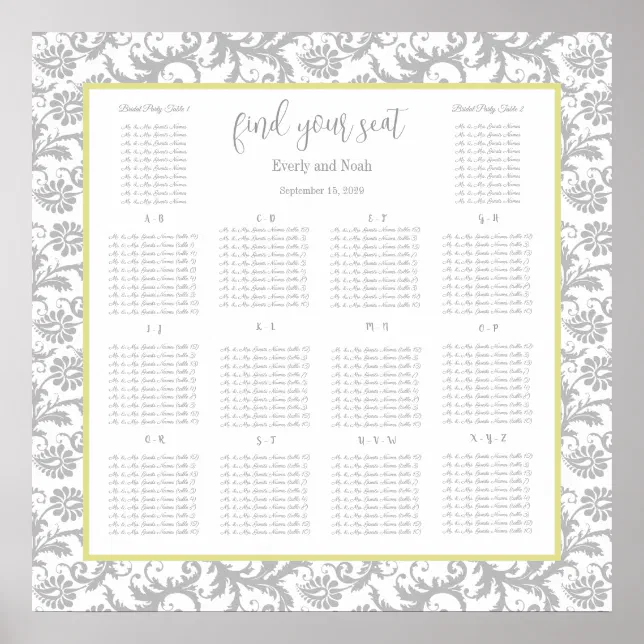 Yellow Iris and Gray Seating Chart Alphabetical | Zazzle