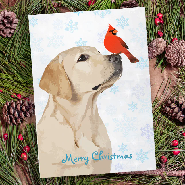 Yellow Lab Christmas Cardinal - Cute Labrador Dog Holiday Card | Zazzle