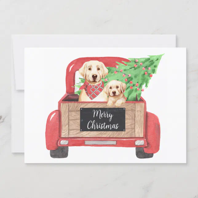 Yellow Lab Puppy Dog Vintage Red Christmas Truck Holiday Card | Zazzle