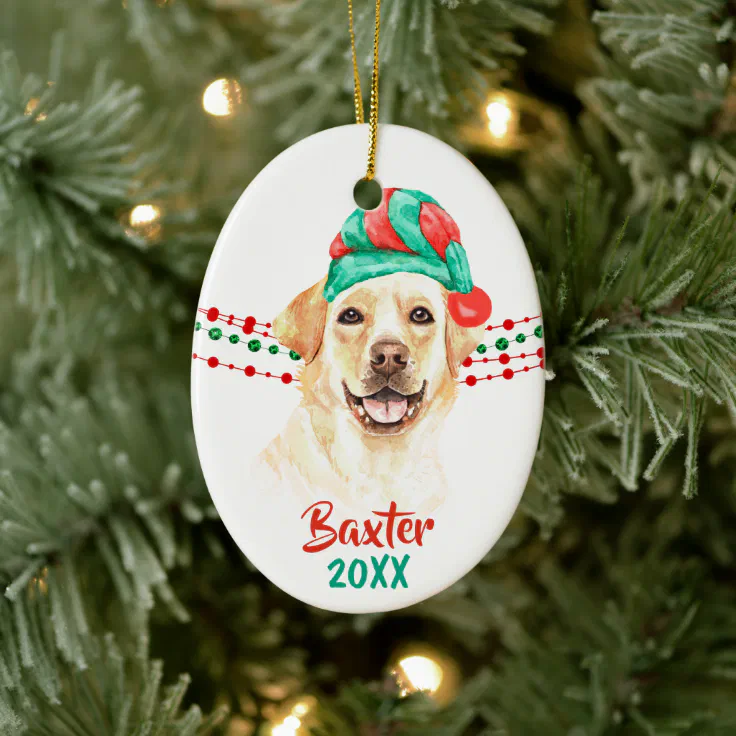 Yellow Lab Santa Hat Holiday String Beads Ceramic Ornament | Zazzle