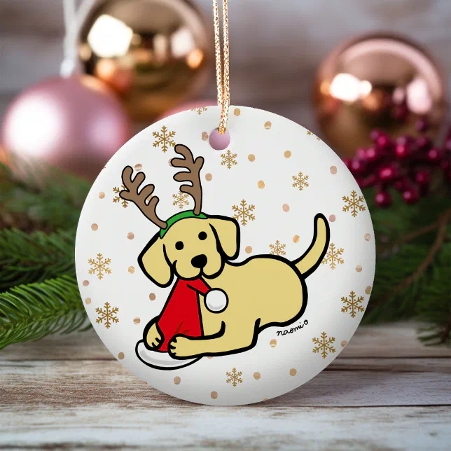 Yellow Labrador and Santa Christmas Cartoon Ceramic Ornament | Zazzle