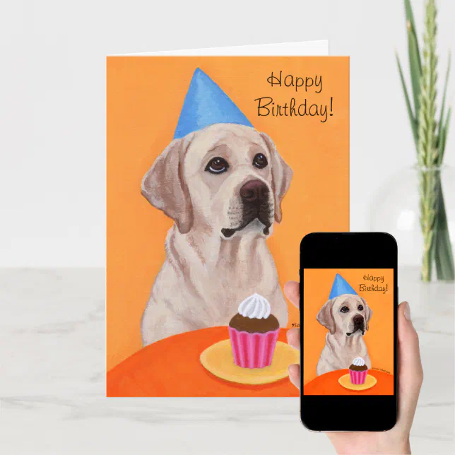 Yellow Labrador Birthday Cupcake Painting Card | Zazzle