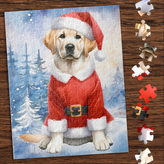 Yellow Labrador Dog Santa Puppy Christmas Jigsaw Puzzle | Zazzle