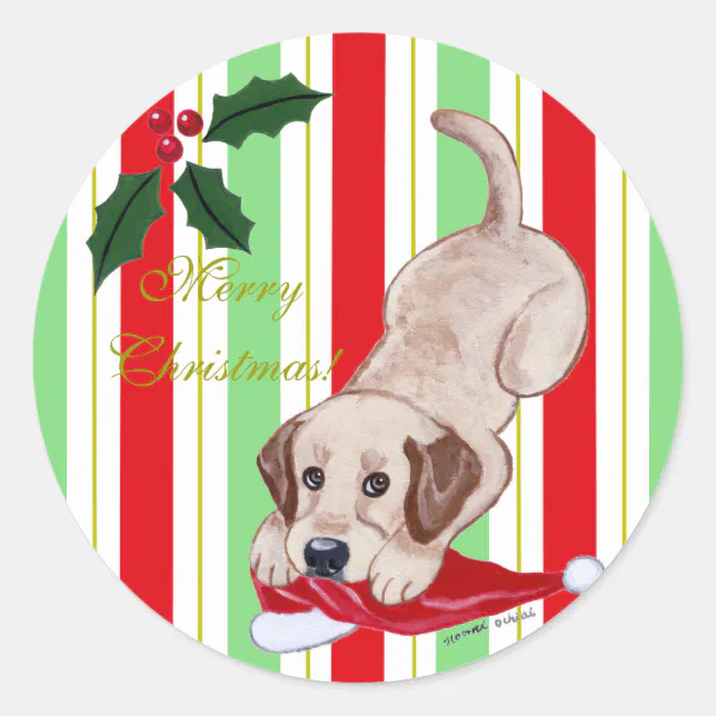Yellow Labrador Puppy & Santa Hat Christmas Classic Round Sticker | Zazzle