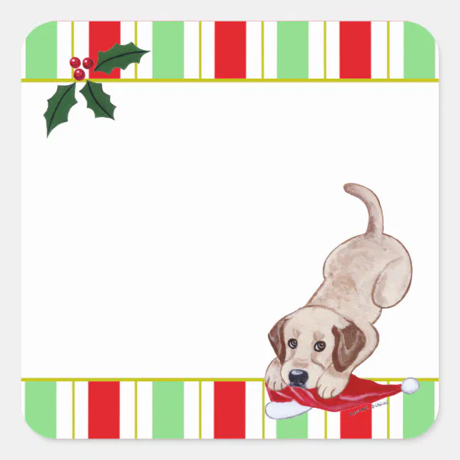 Yellow Labrador Puppy & Santa Hat Christmas Square Sticker | Zazzle