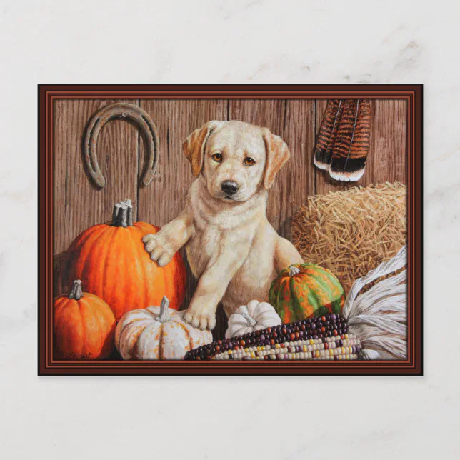 Yellow Labrador Retriever Puppy Dog Pumpkin Autumn Holiday Postcard ...