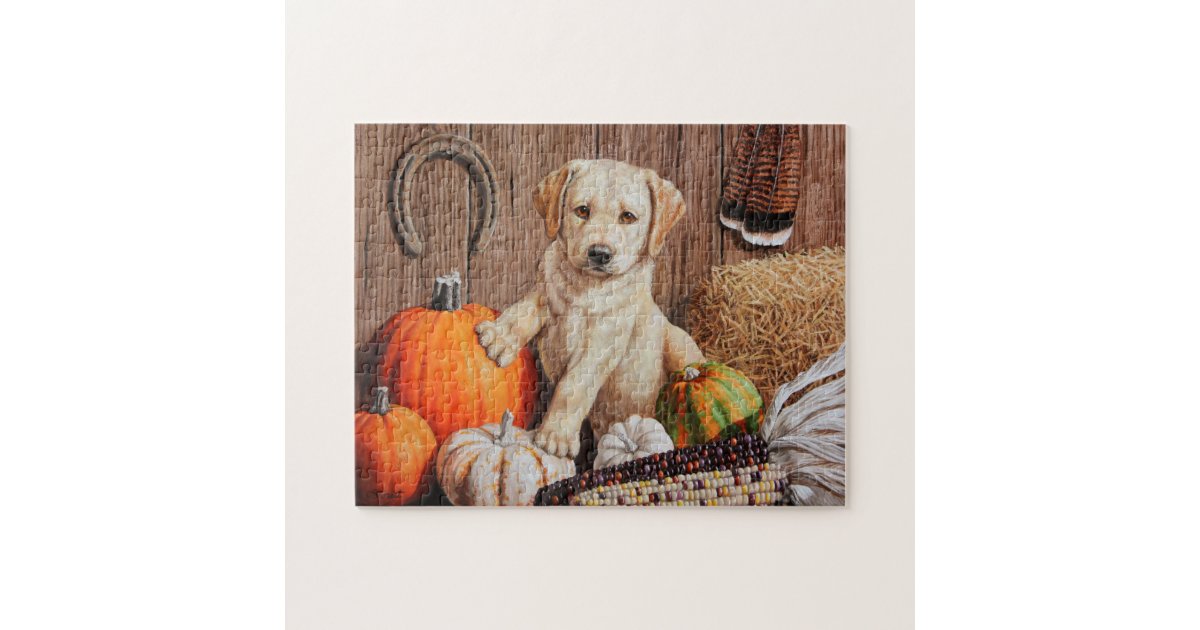 Yellow Labrador Retriever Puppy Dog Pumpkin Autumn Jigsaw Puzzle | Zazzle