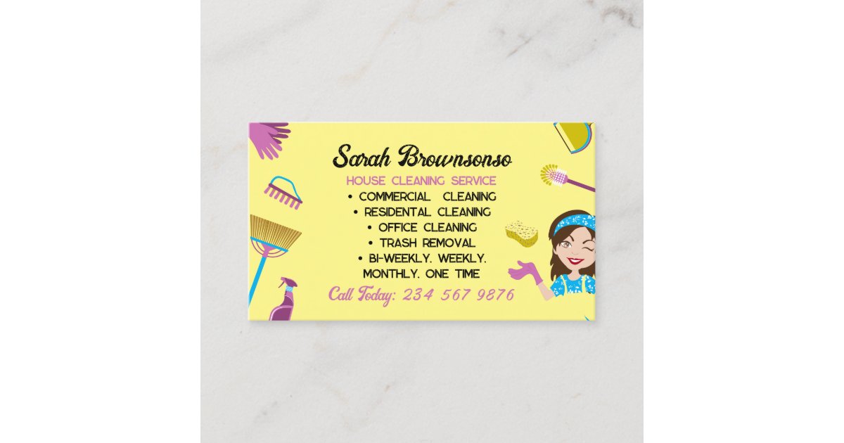 Yellow Lady Housekeeper cleaning Janitorial Business Card | Zazzle