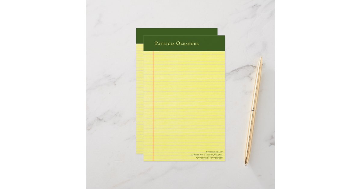 Yellow Legal Pad Style Green Top Stationery | Zazzle