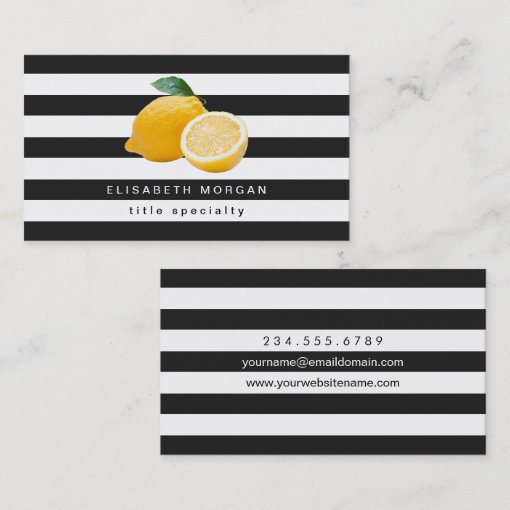 Yellow Lemon Logo with Classic Black White Stripes Business Card | Zazzle