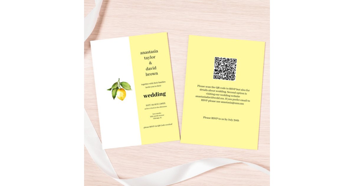 Yellow Lemon QR Code Wedding Invitation | Zazzle