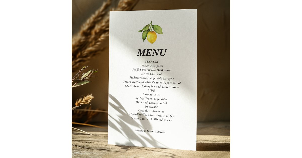 Yellow Lemon Wedding Menu | Zazzle