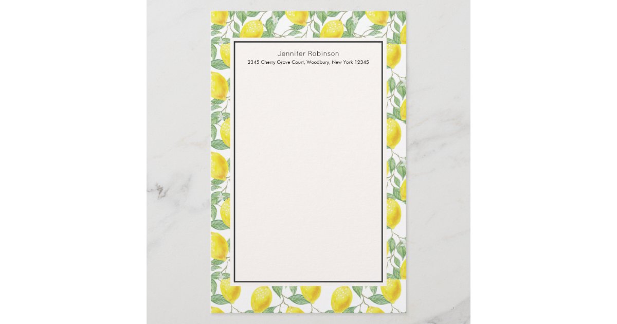Yellow Lemons with Green Leaves Pattern Stationery | Zazzle