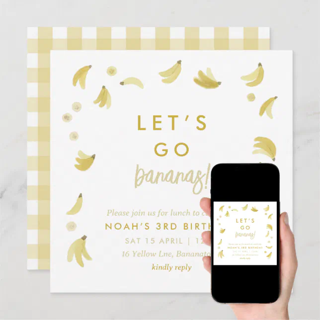 Yellow Lets Go Bananas Birthday Banana Party Theme Invitation | Zazzle