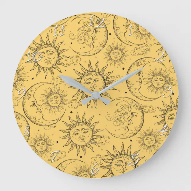 Yellow Magic Vintage Celestial Sun Moon Stars Large Clock | Zazzle
