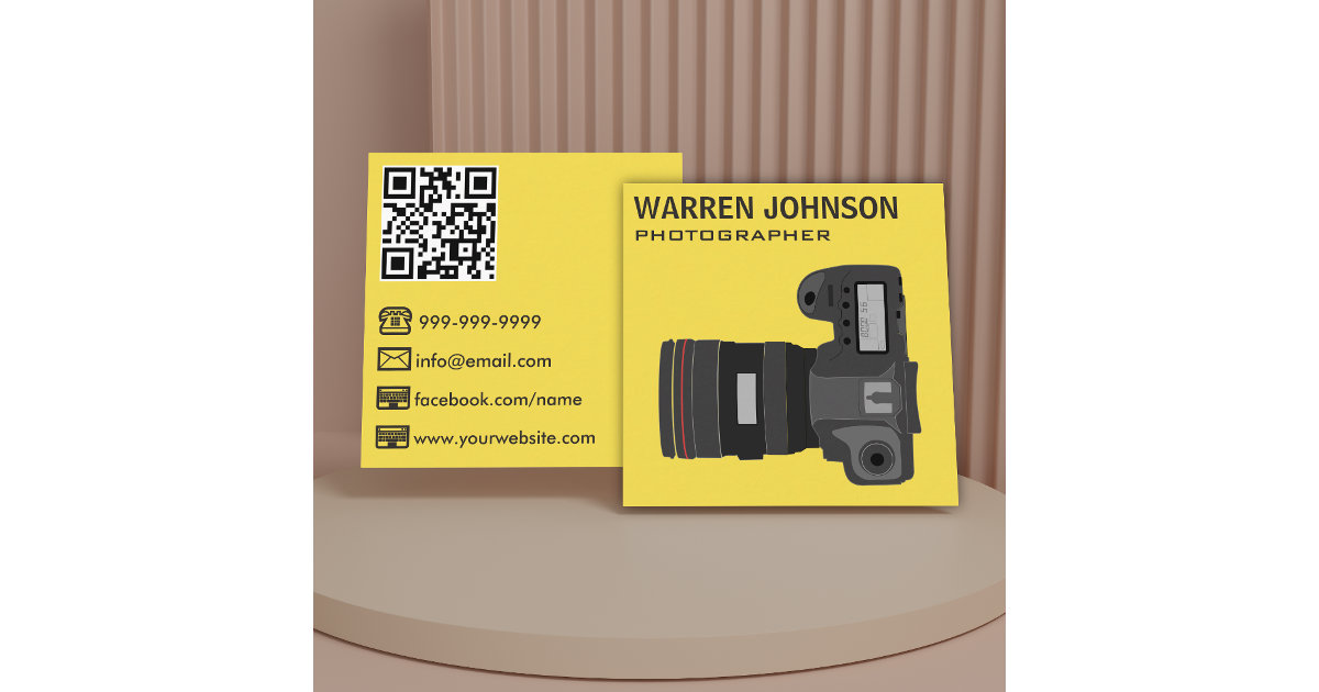 Yellow Modern Photographer QR Code Square Business Card | Zazzle
