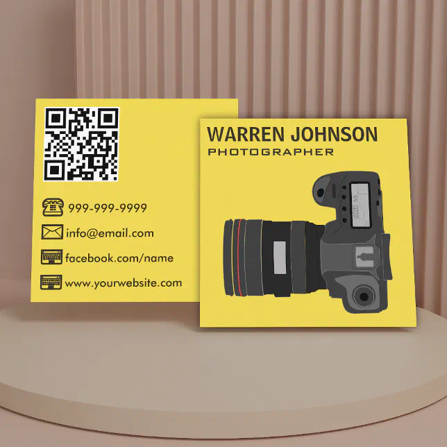Yellow Modern Photographer QR Code Square Business Card | Zazzle