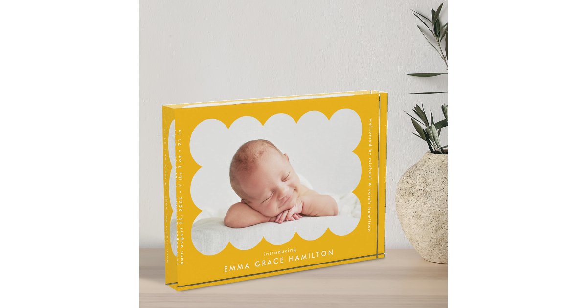 Yellow Modern Scalloped Birth Announcement Photo Block | Zazzle