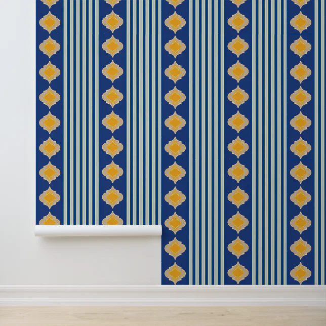 Yellow Moroccan shapes and blue stripes Wallpaper | Zazzle