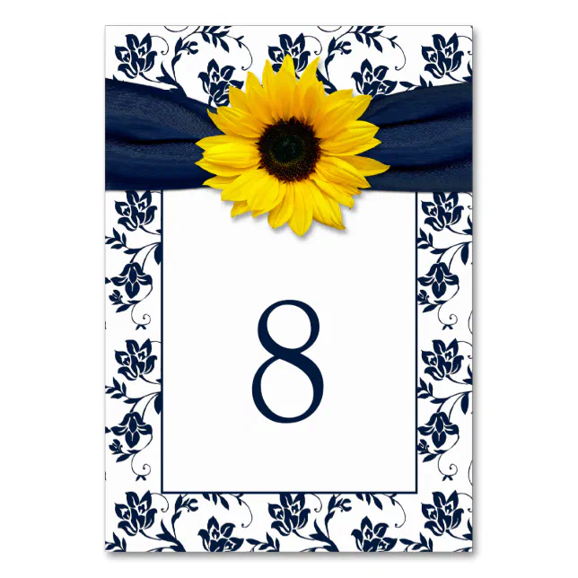 Yellow Navy Blue Damask Sunflower Ribbon Wedding Table Number | Zazzle