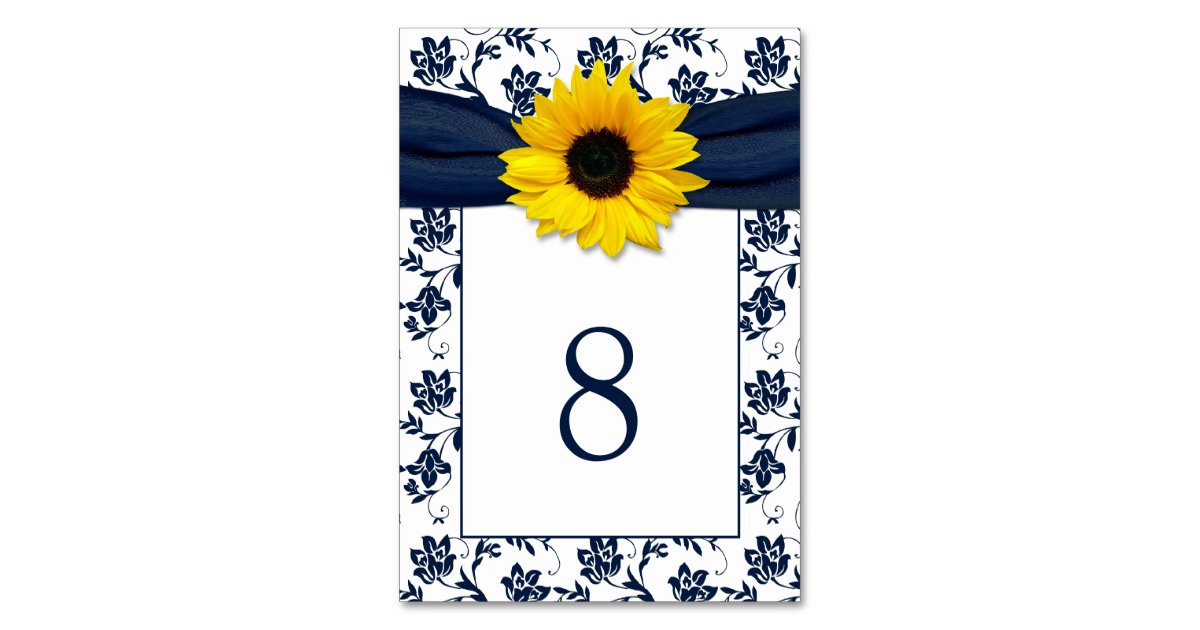 Yellow Navy Blue Damask Sunflower Ribbon Wedding Table Number | Zazzle