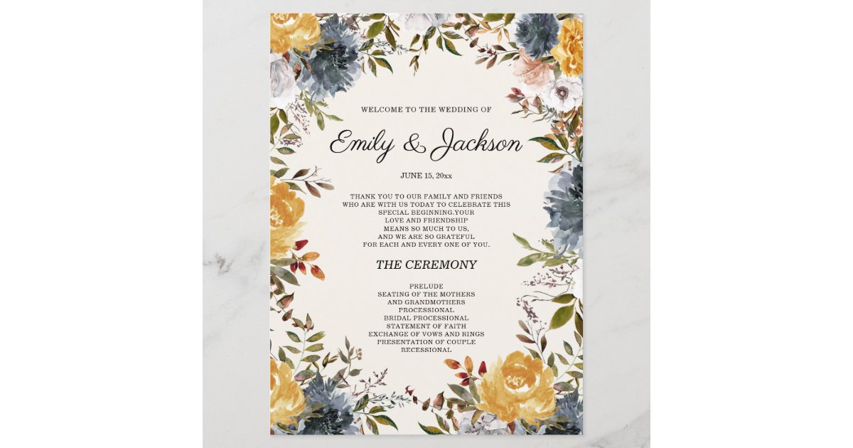 Yellow Navy Blue Floral Wedding Program | Zazzle