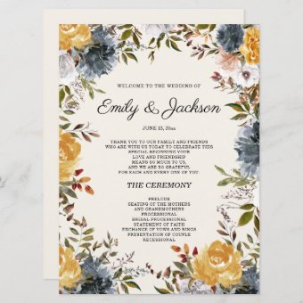Yellow Navy Blue Floral Wedding Program | Zazzle