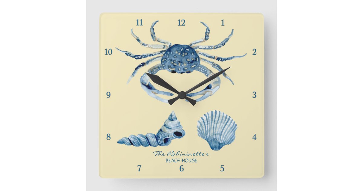 Yellow Ocean Crab Seashells Nautical Beach House Square Wall Clock | Zazzle