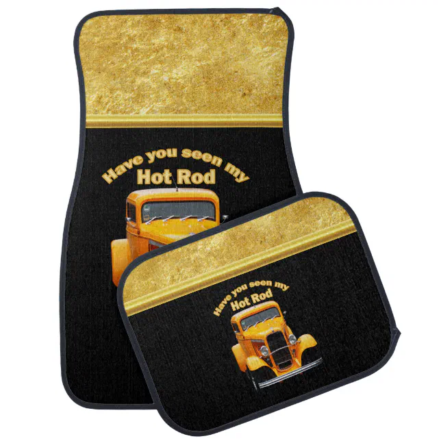 Yellow old roadster with gold black foill design car mat | Zazzle