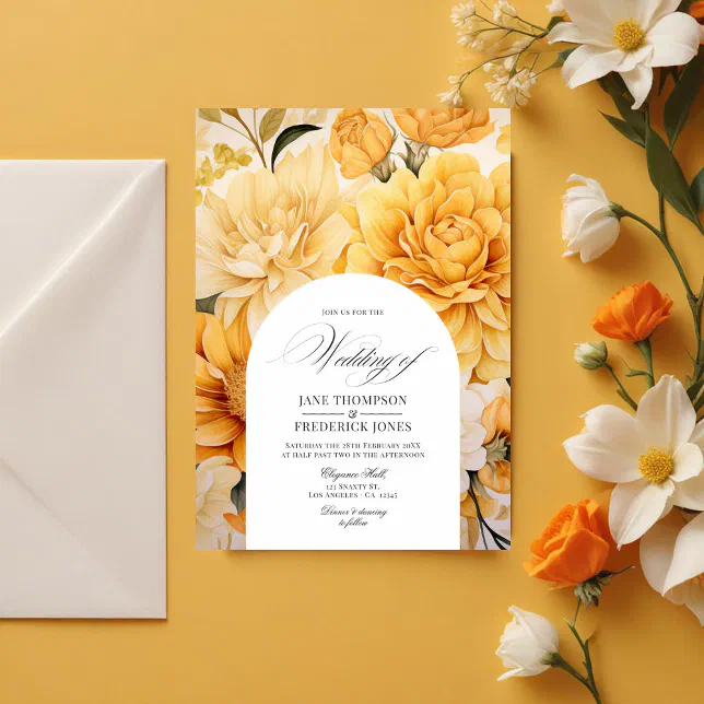 Yellow, Orange and Ivory Floral Wedding Invitation | Zazzle