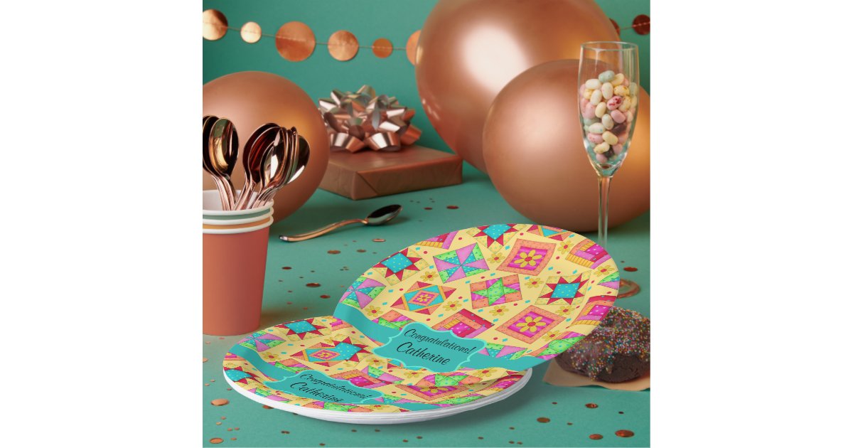Yellow Patchwork Quilt Block Name Congratulations Paper Plates | Zazzle