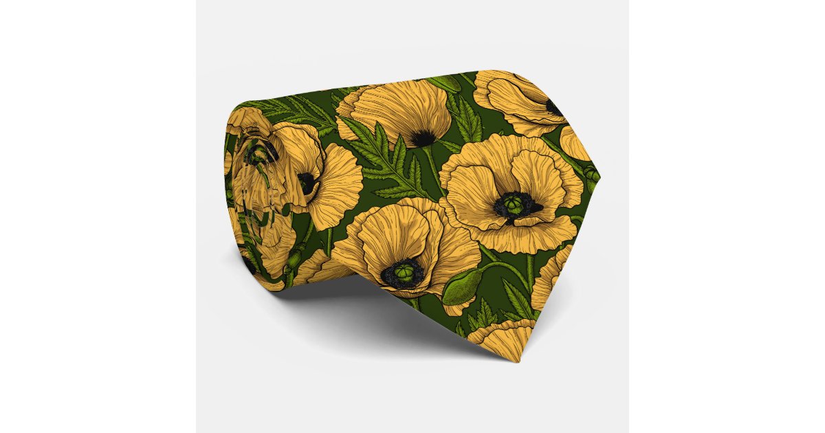 Yellow poppies on dark green neck tie | Zazzle